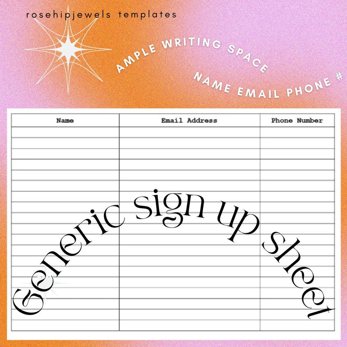 Generic Sign-up Sign-in Sheet: Name, Email, Phone Number (ample Writing ...