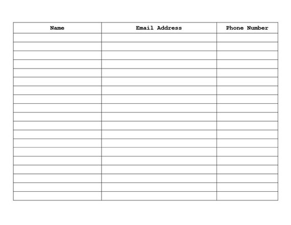 Generic Sign-up Sign-in Sheet: Name Email Phone Number - Etsy