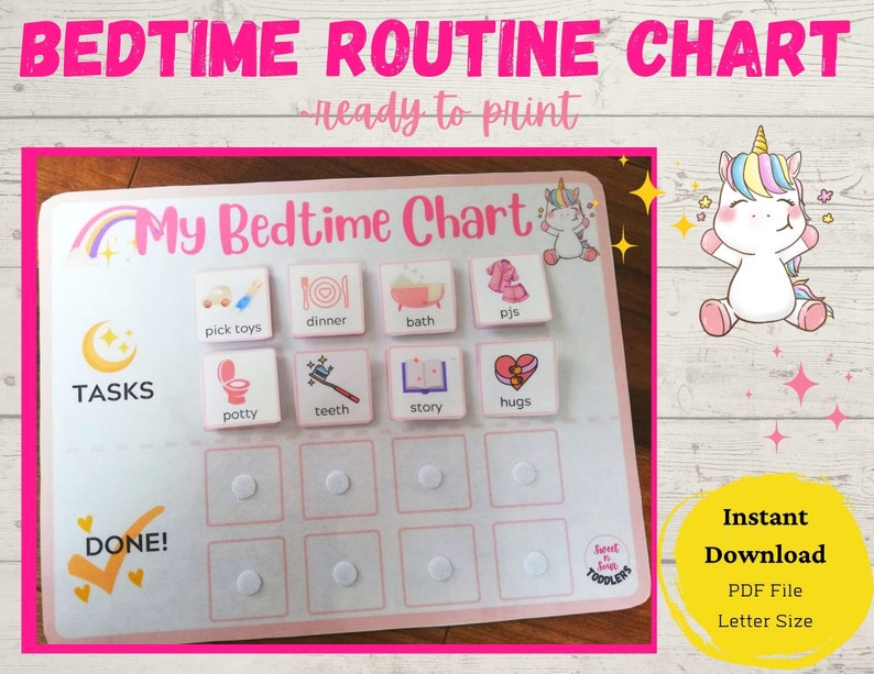 Bedtime Routine Chart, Bedtime Chart for Toddlers, Chore Chart for Kids ...