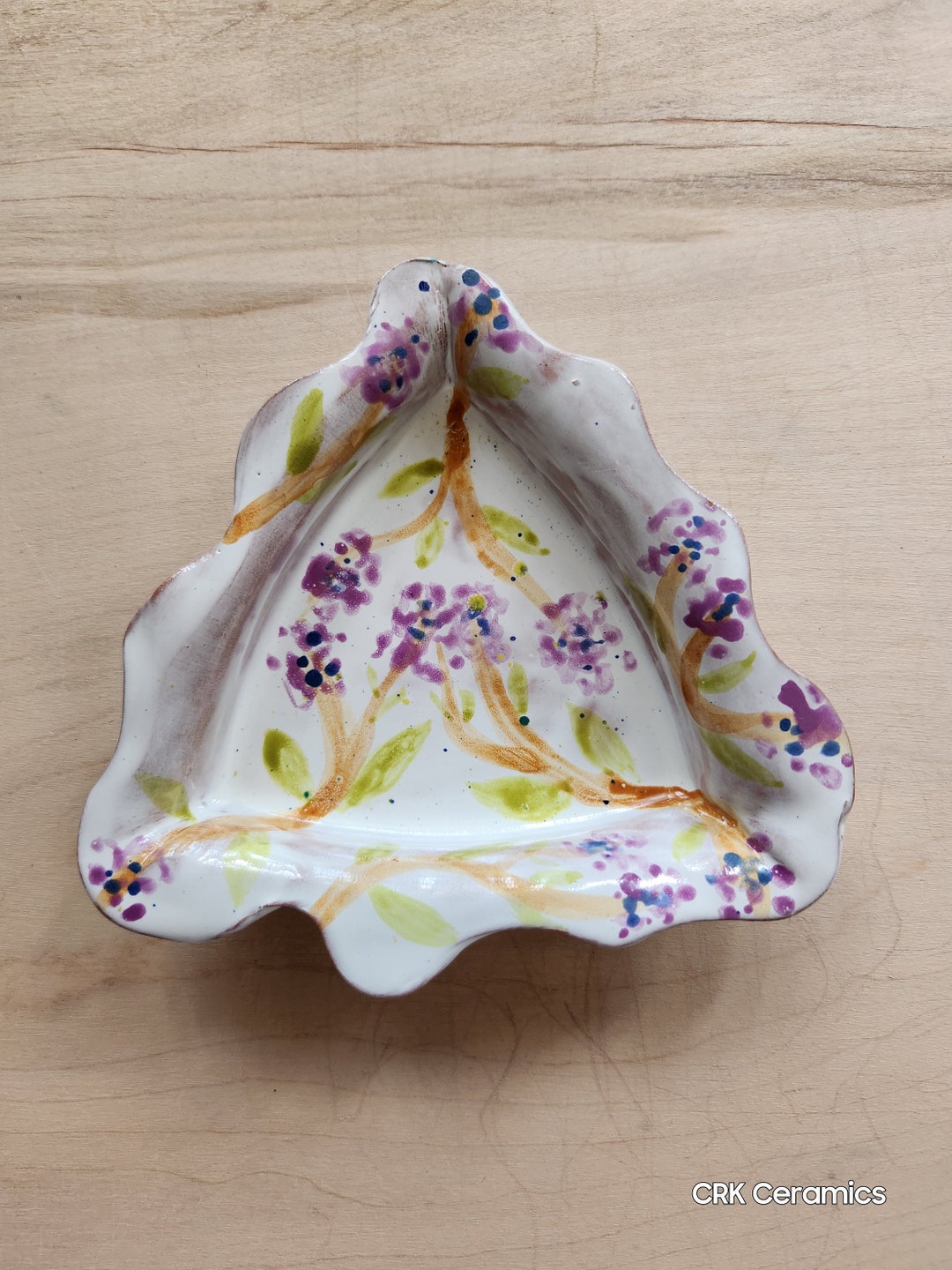 Handmade Pottery Trinket Dish: Triangle Wavy Edge, Floral Design - Etsy