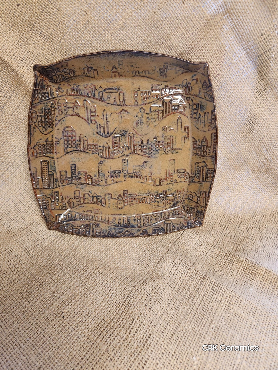 Handmade Pottery Plate: Cityscape Design, Brown & Mustard Glaze - Etsy