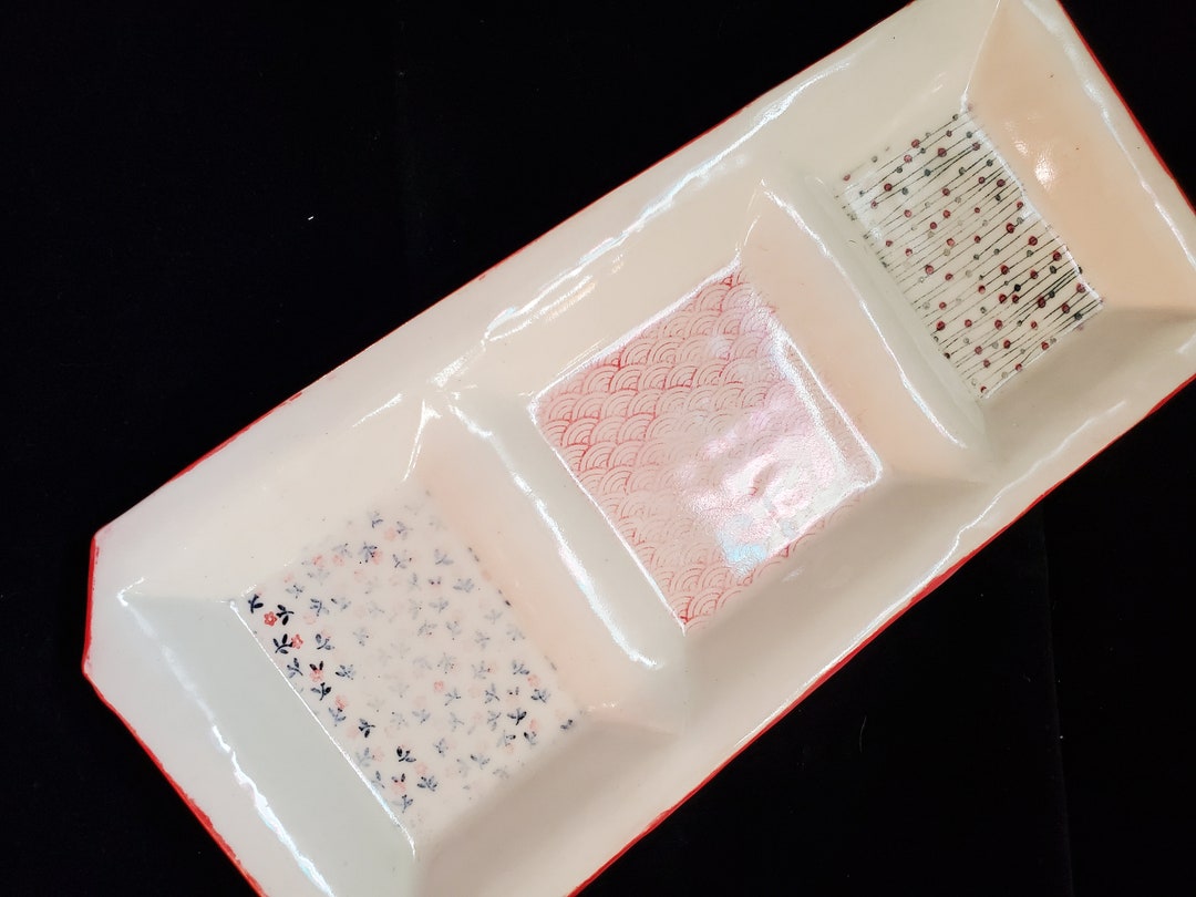 Split Serving Tray, Red and Cream, Handmade Pottery Tray, Kitchenware ...
