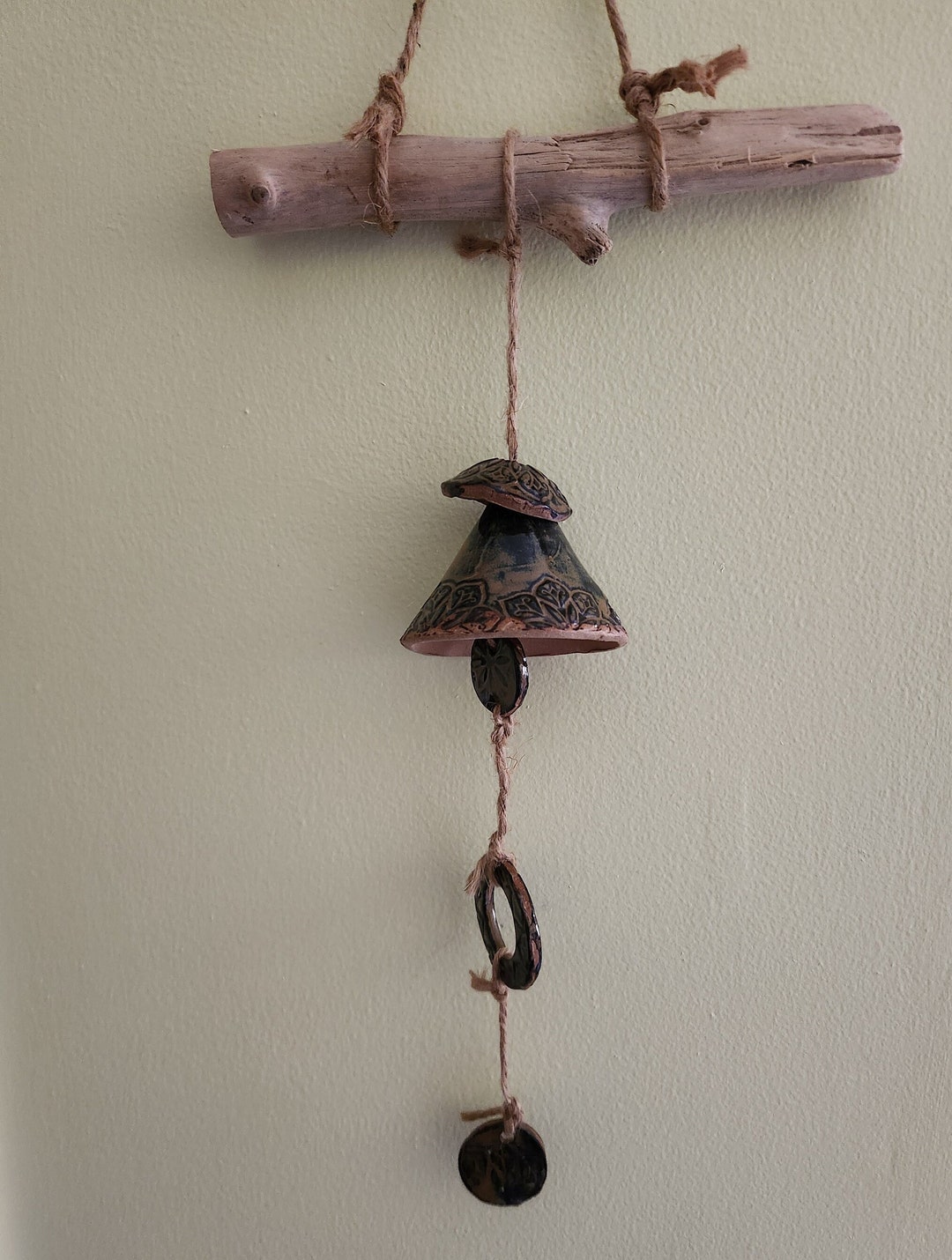 Hanging Ceramic Bell Hanging From Wood, Bells, Outdoor Decorations ...