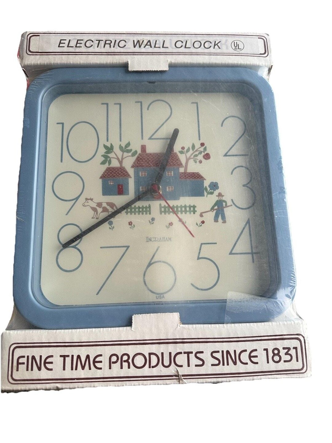 Vintage Ingraham Light Blue Plastic Wall Clock Square 10” USA Heartland ...