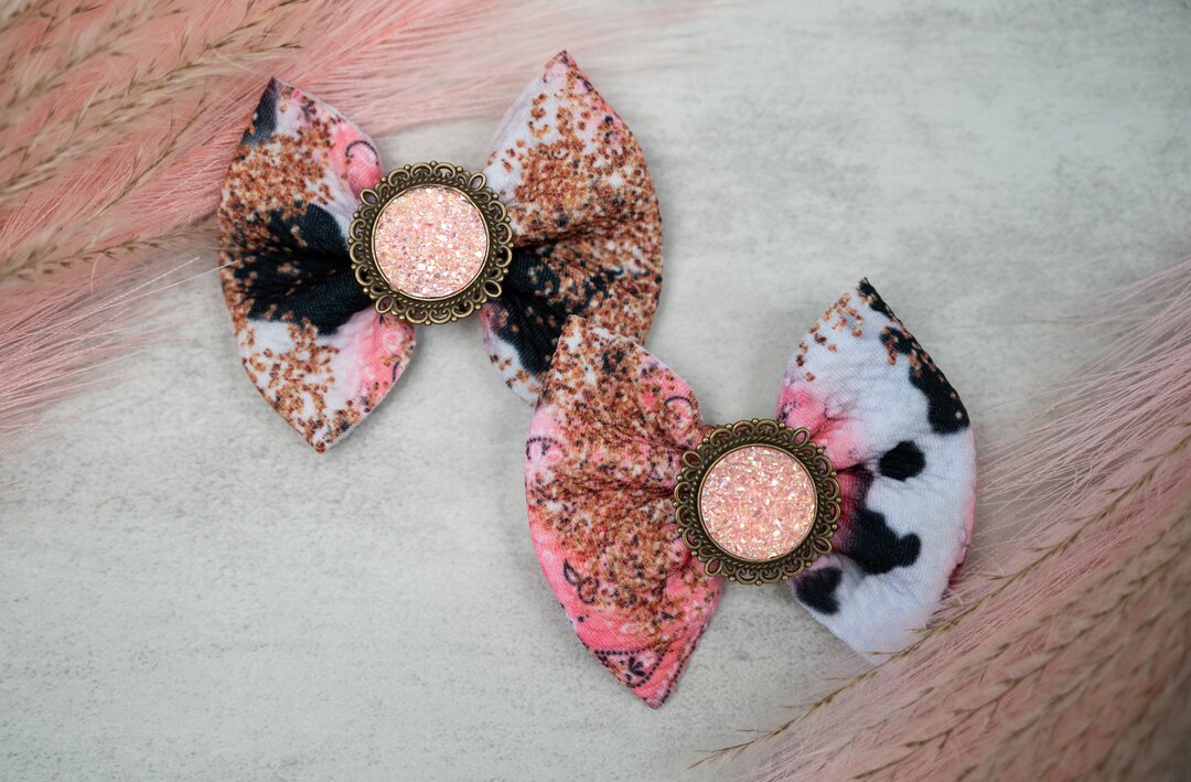 Pink Gold Cow Print, Bullet Fabric Bows, Boutique Bows, Piggy Sets ...