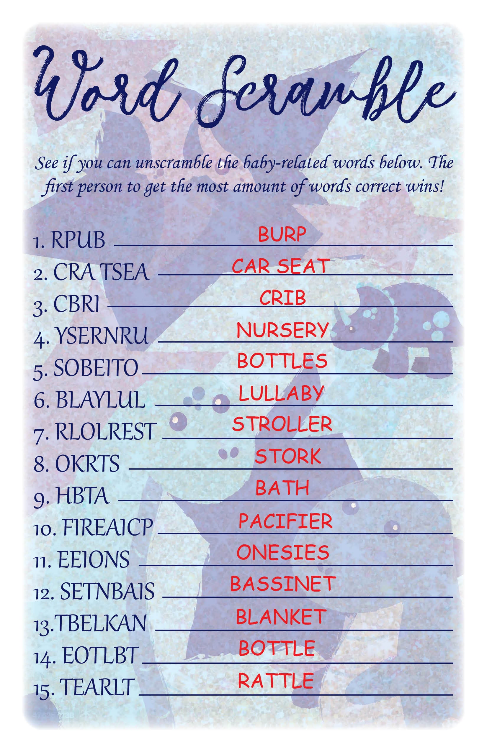 Blue Dino - Baby Shower Game Bundle - Wishes and Hopes - BINGO - Word ...