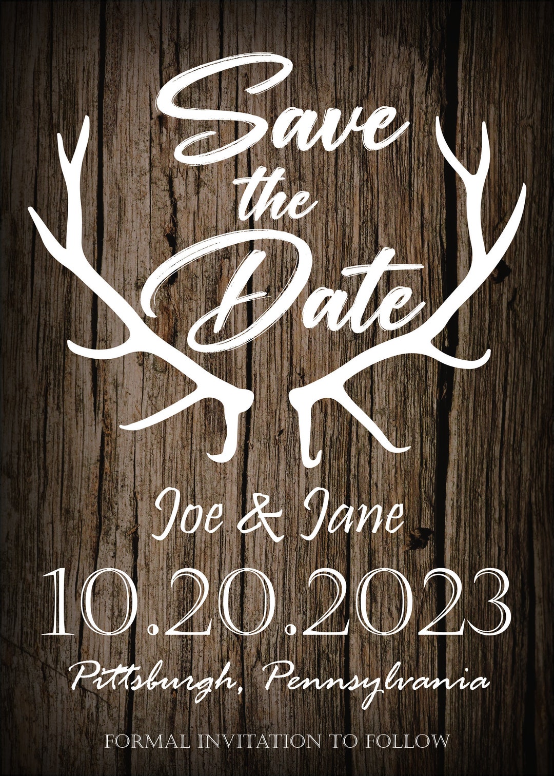 Save the Date Wedding Invitation - Rustic Wood - Antlers - Outdoors ...