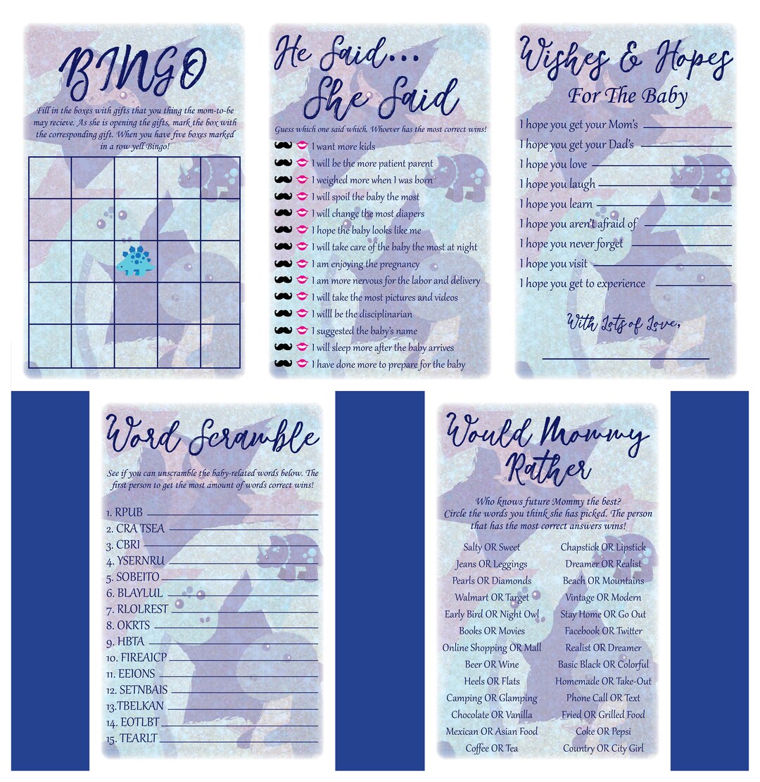 Blue Dino - Baby Shower Game Bundle - Wishes and Hopes - BINGO - Word ...
