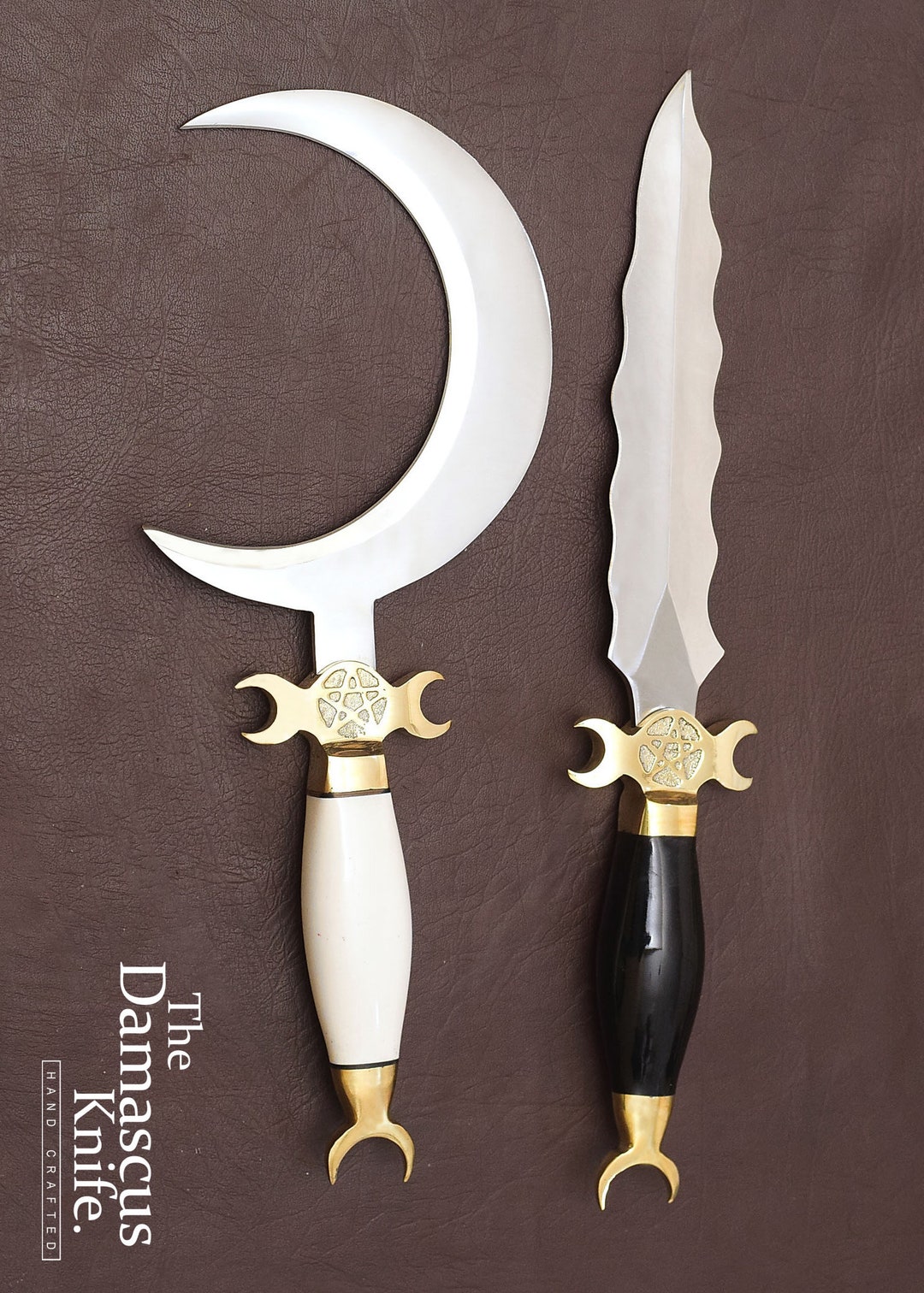 HANDMADE CRESCENT MOON Dagger Ritual Athame Boline Curved Blade-resin ...