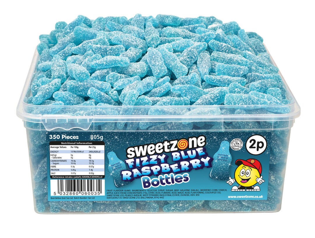 Halal Sweets Fizzy Giant Blue Raspberry Bottles, Slices 800g Tubs HMC ...