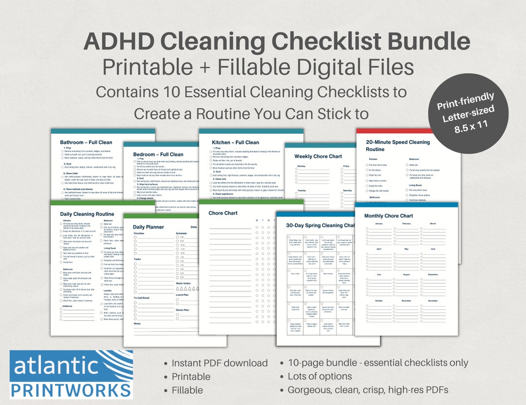 ADHD Cleaning Checklists Bundle, Cleaning Schedule, Cleaning Planner ...