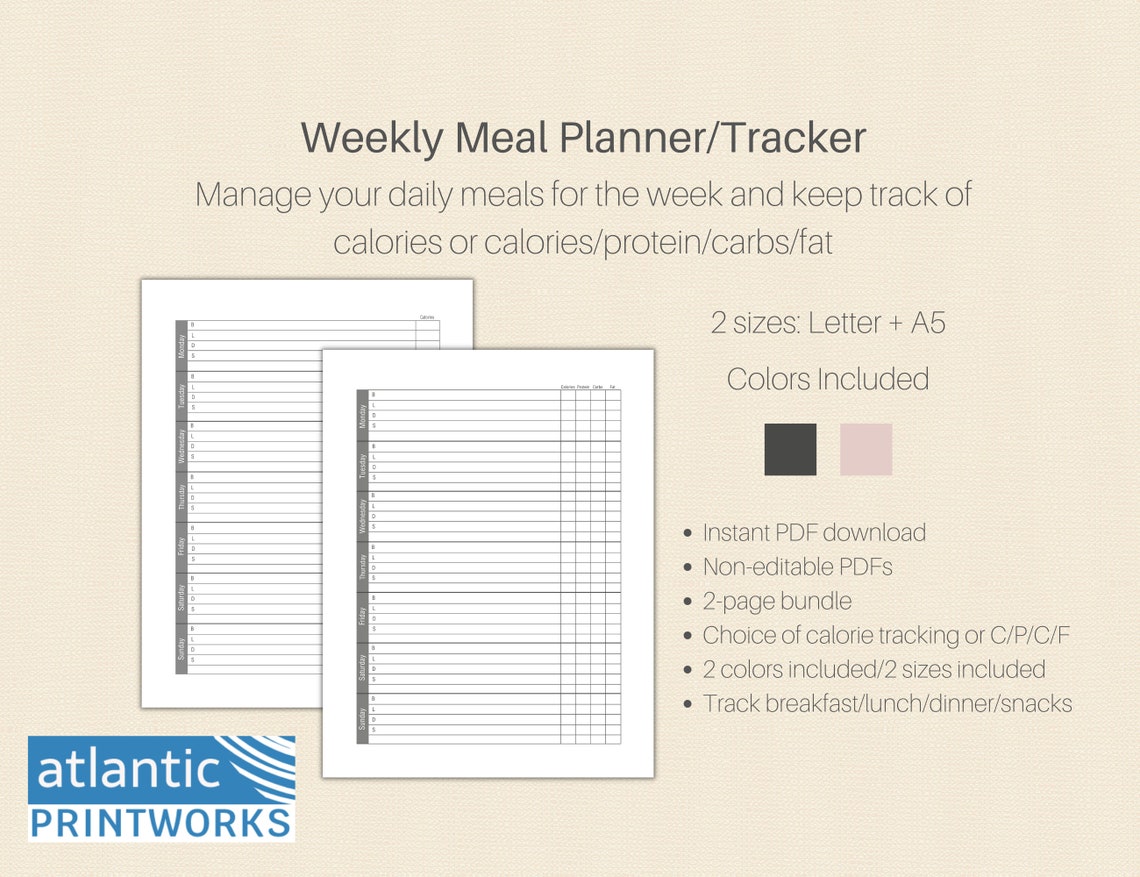 Printable Weekly Meal Planner Food Diary Calorie Fat Carbs - Etsy