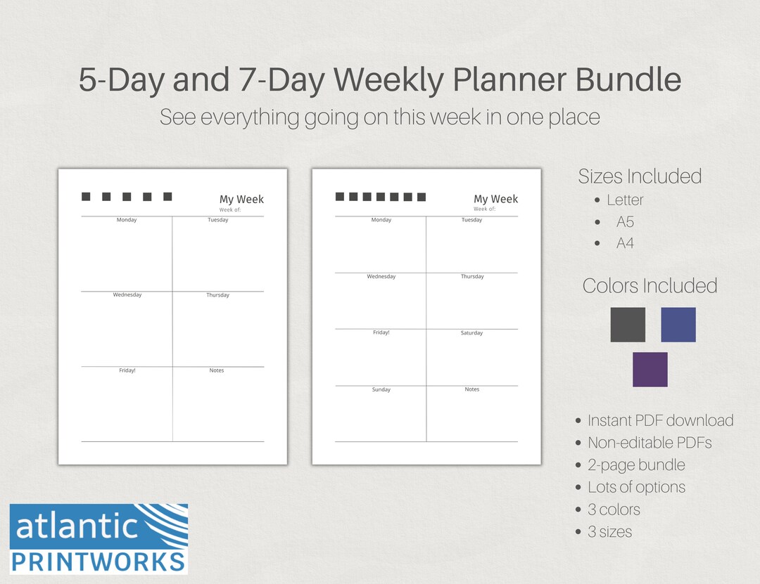 5-day and 7-day Weekly Planner Bundle Printable Daily Weekly Planner ...