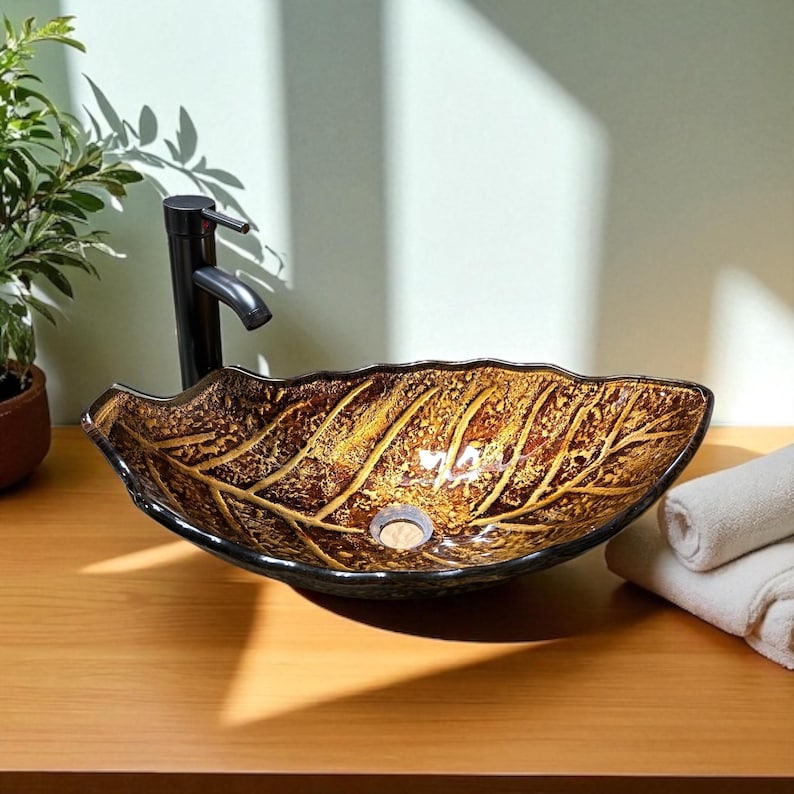 Bathroom Vessel Sink Leaf Design Brown With Faucet - Etsy