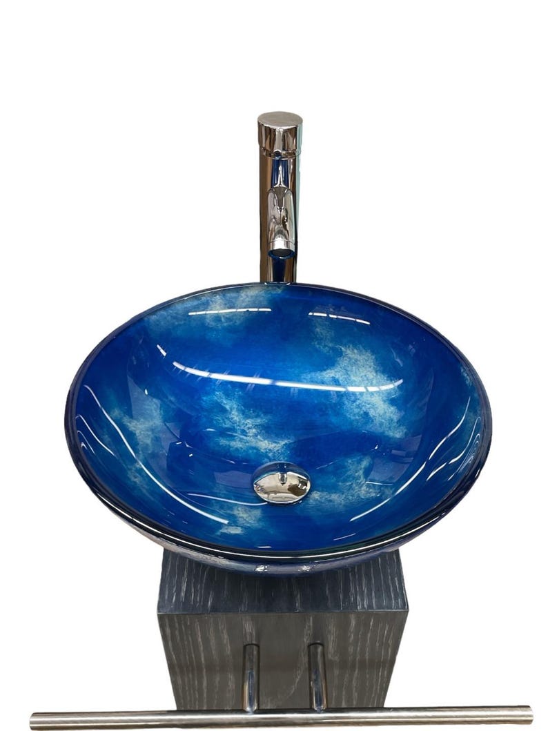 Beautiful Sky Ocean Blue Hand Painted Tempered Glass Circular Vessel ...