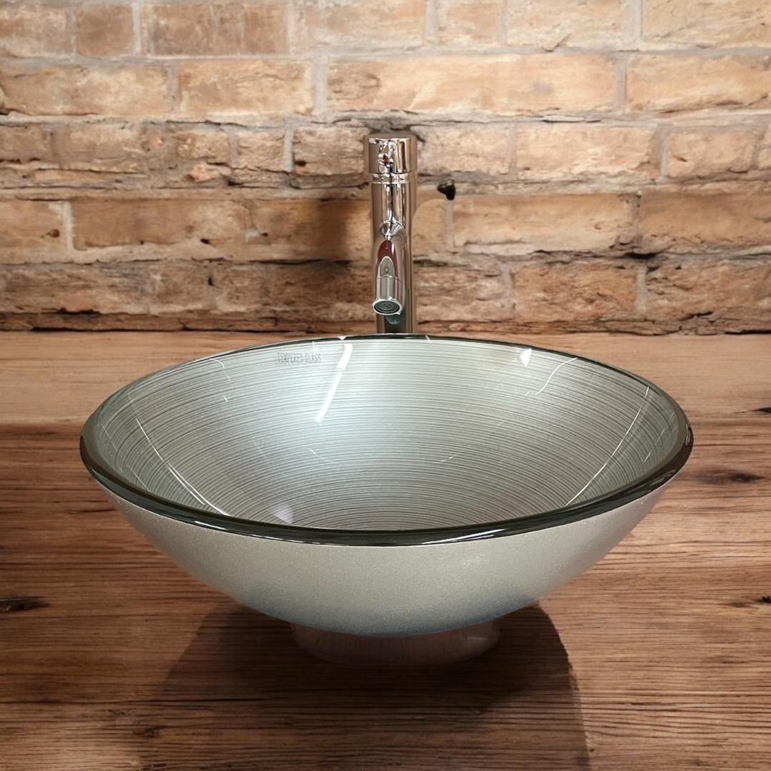 Round Circular Pattern Bathroom Sink Silver Gray Finish Tempered Glass ...