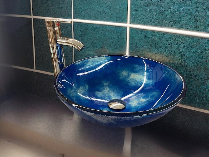 Beautiful Sky Ocean Blue Hand Painted Tempered Glass Circular Vessel ...