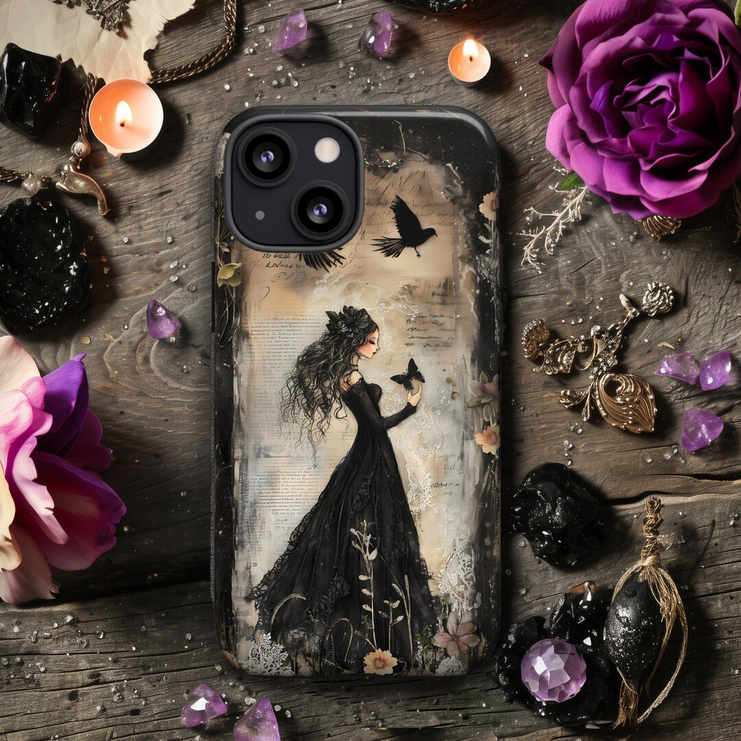 Cute Witch Phone Case - Raven, Roses & Floral - iPhone 16 15 14 13 12 ...