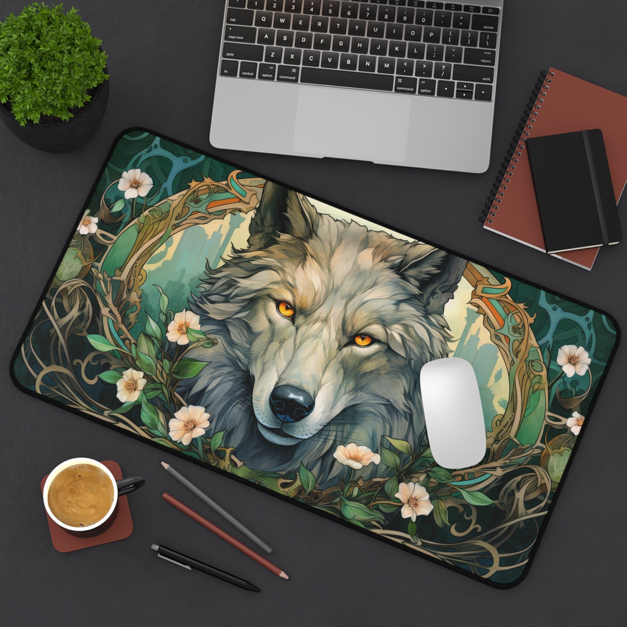 White Wolf Desk Mat Animal Dog Pet Floral Mouse Pad Art Deco - Etsy