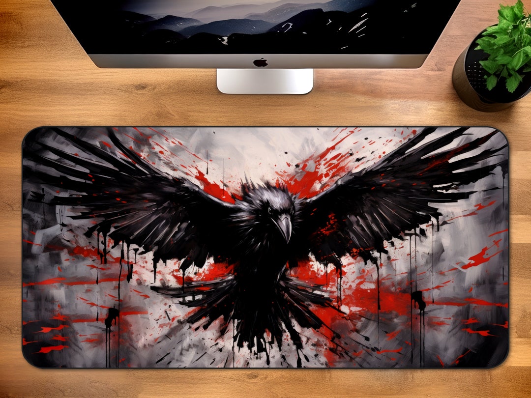 Red Raven Desk Mat, Spooky Halloween Mouse Pad, Splatter Paint ...