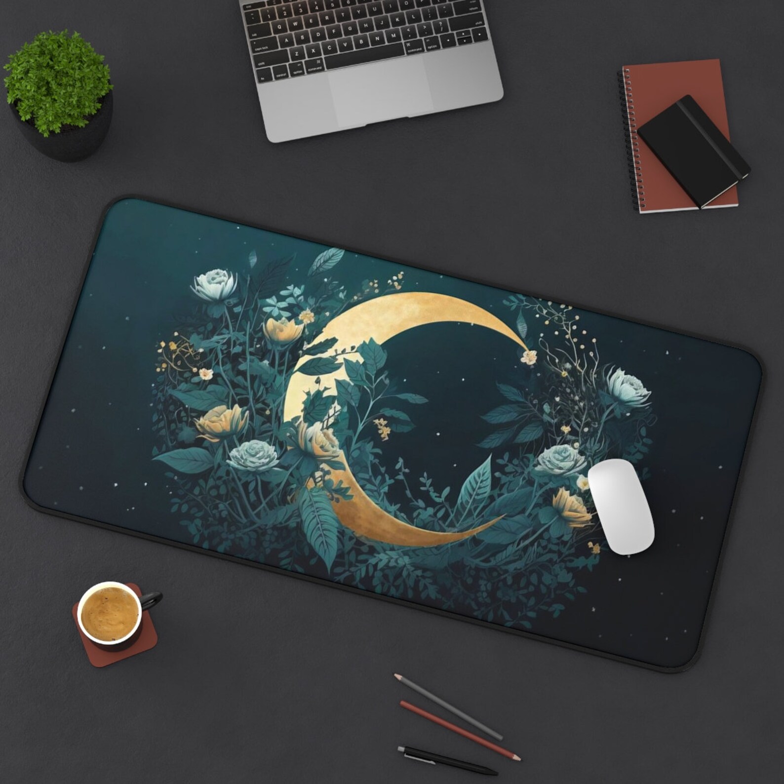Cottagecore Desk Mat, Witchy Goth Moon Desk Pad, Sage Green Floral Cute ...