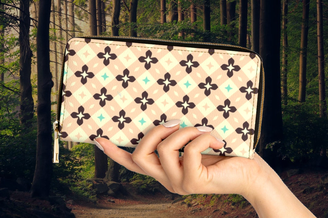 Mid Century Modern Zipper Wallet, Retro Brown Pink Yellow Faux Leather ...