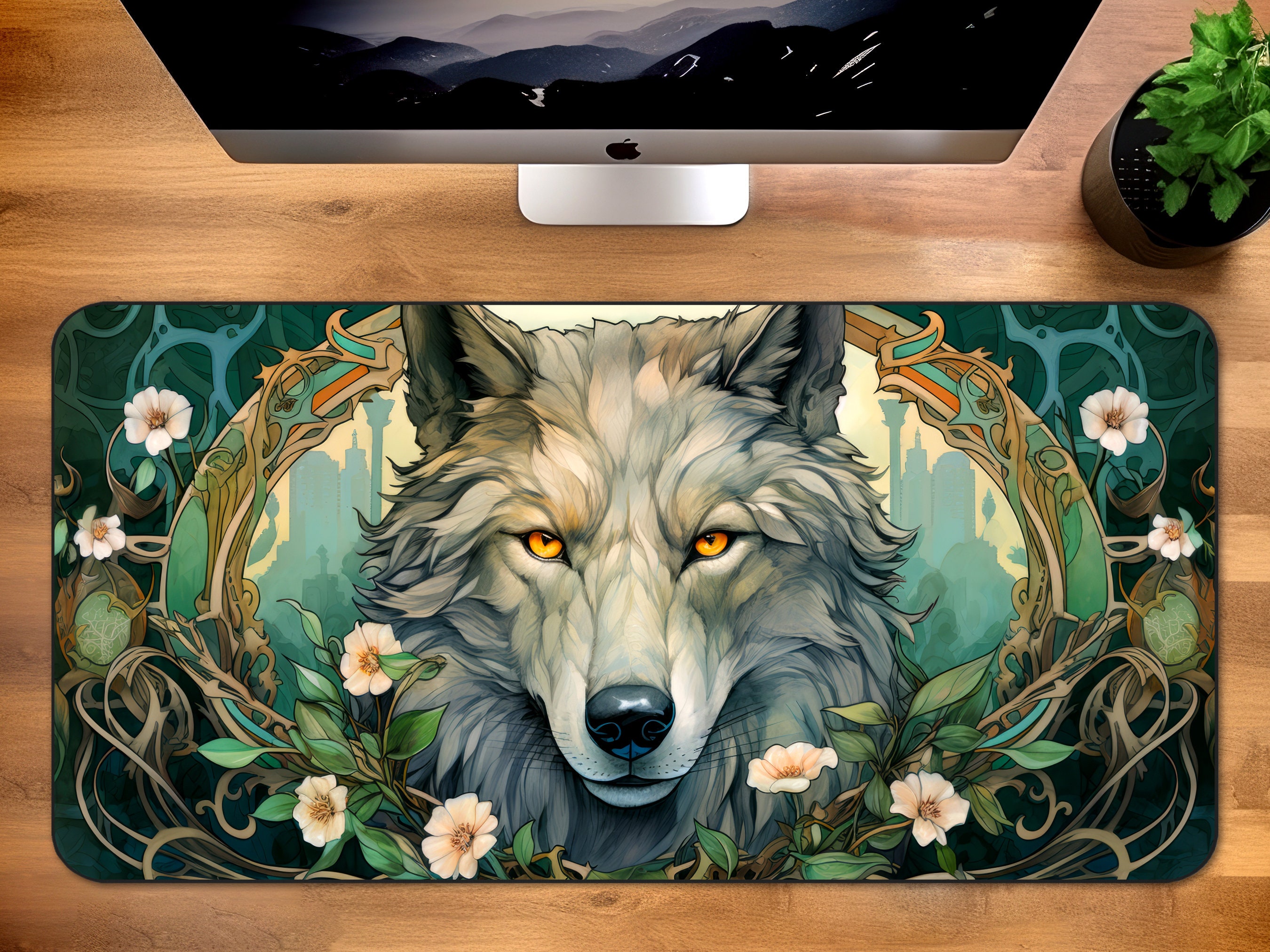 White Wolf Desk Mat Animal Dog Pet Floral Mouse Pad Art Deco - Etsy
