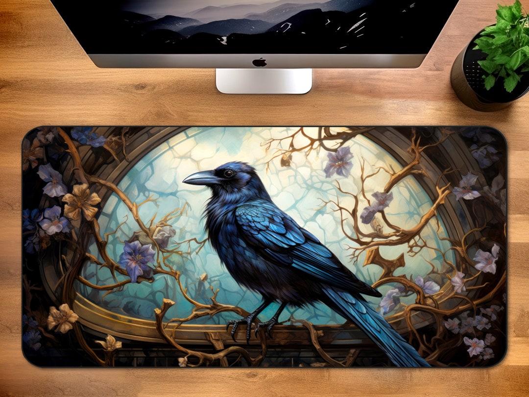 Raven Desk Mat, Green Art Nouveau Mouse Pad, Art Deco Cottagecore ...