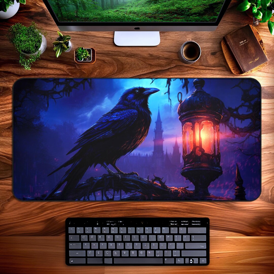 Black Raven Bird Desk Mat, Spooky Horror Halloween Mouse Pad, Aesthetic ...