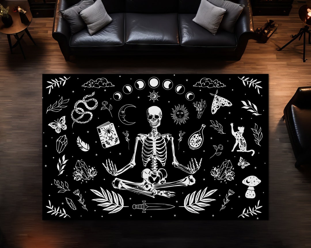 Goth Skeleton Black Area Rug, Witchy Dark Academia Moon Phase Modern ...