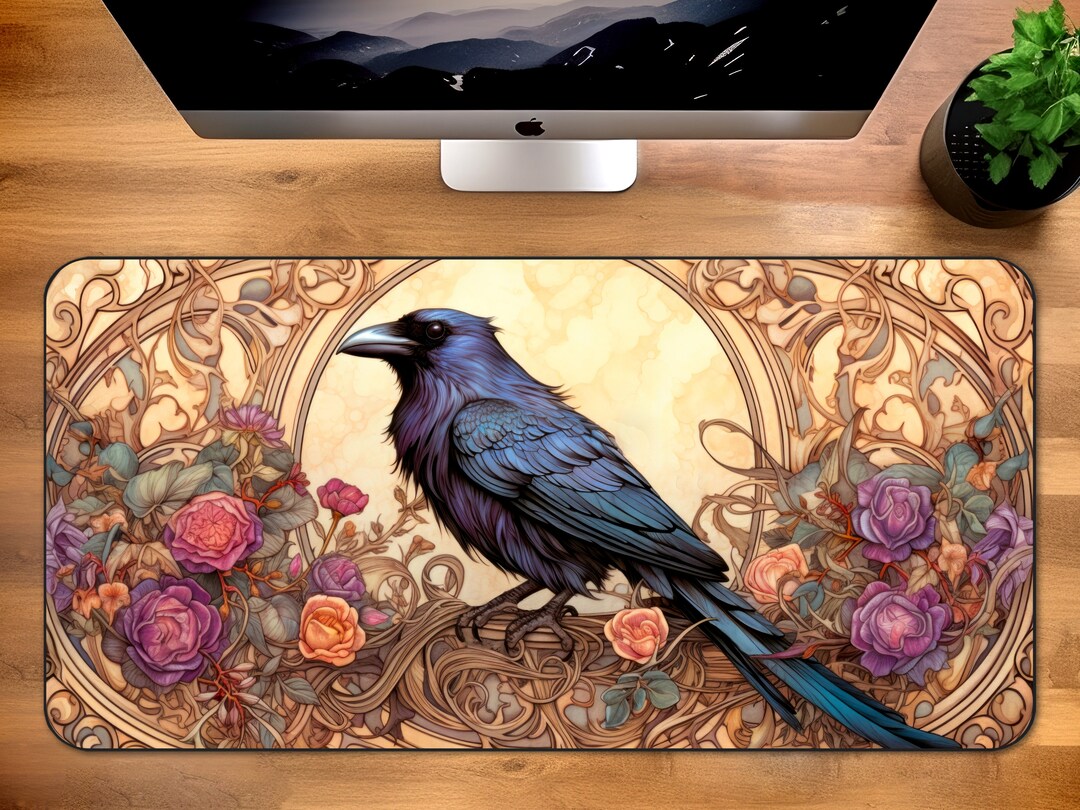 Raven Desk Mat, Art Deco Nouveau Mouse Pad, Cottagecore, Aesthetic Dark ...