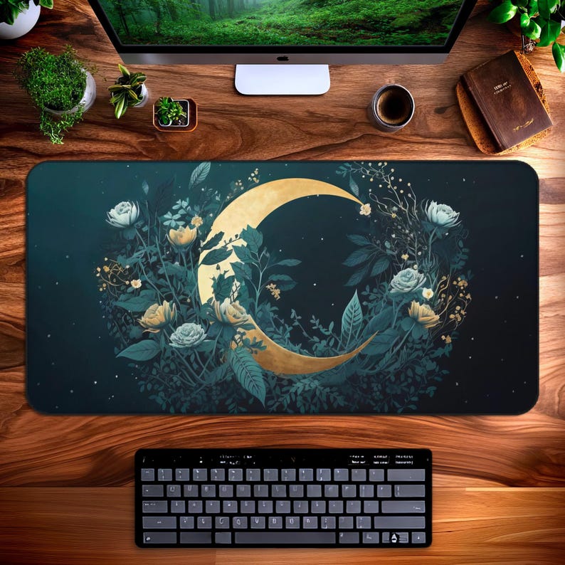 Cottagecore Desk Mat, Witchy Goth Moon Desk Pad, Sage Green Floral Cute ...