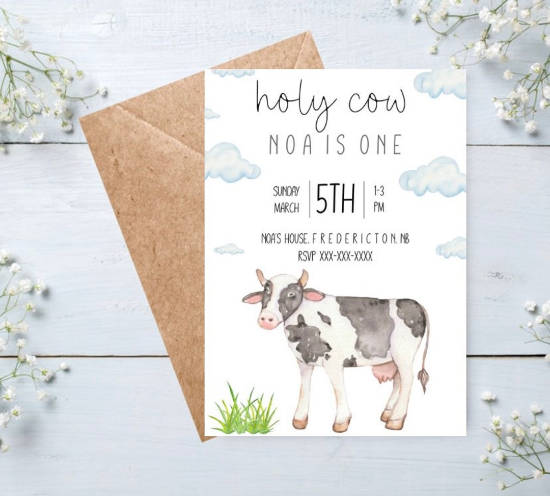 Holy Cow, First Birthday Digital Invitation, Cow Theme First Birthday ...