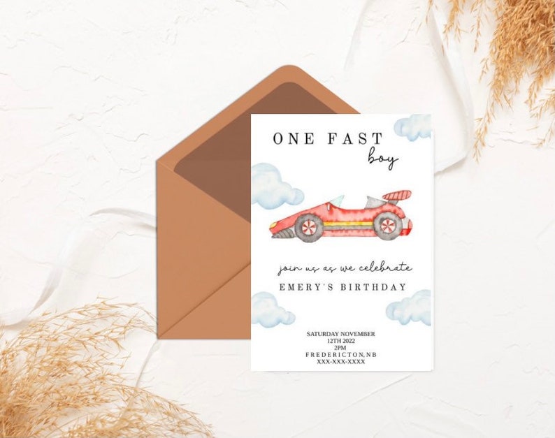 One Fast Boy, First Birthday Race Car Theme Digital Invite, Digital ...