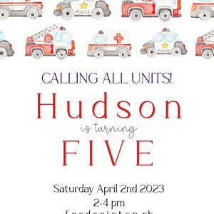Emergency Vehicle Invitation, Police Car Party Invite, Firetruck Party ...