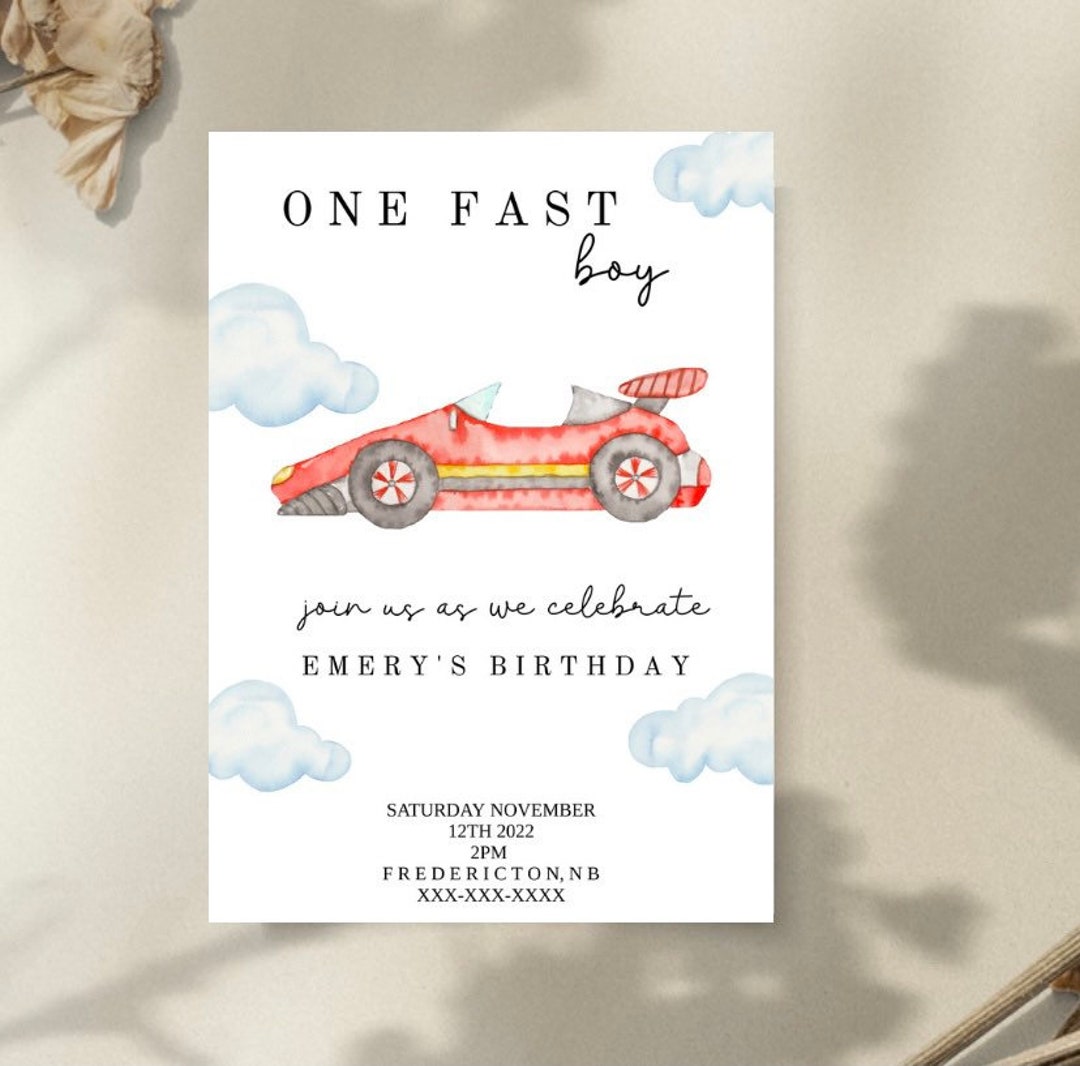 One Fast Boy, First Birthday Race Car Theme Digital Invite, Digital ...