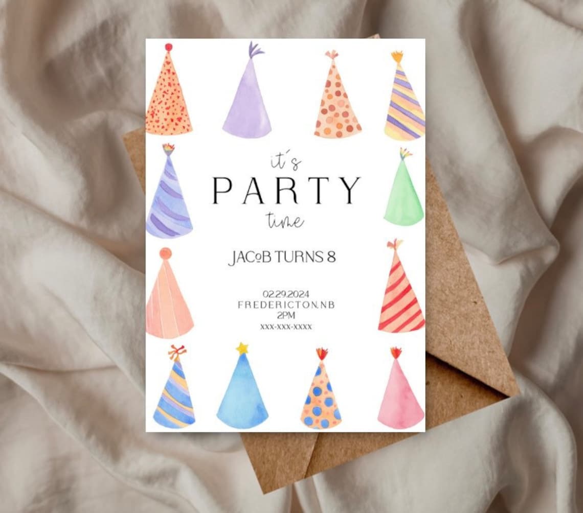 Party Hat Digital Birthday Invitation, Birthday Party Editable and ...