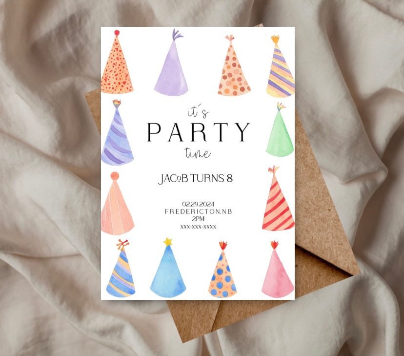 Party Hat Digital Birthday Invitation, Birthday Party Editable and ...