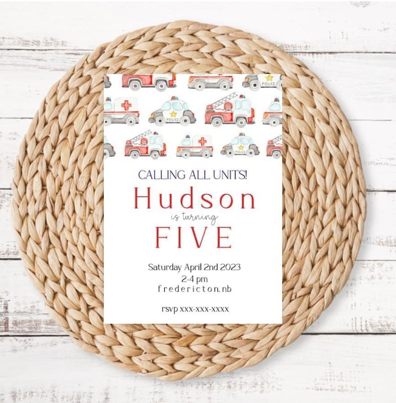 Emergency Vehicle Invitation, Police Car Party Invite, Firetruck Party ...