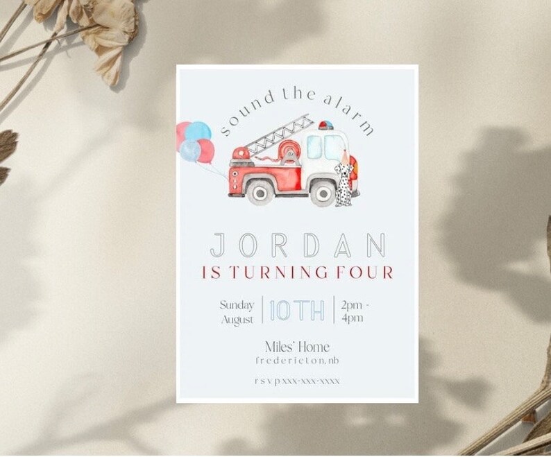 Firetruck Birthday Party Invitation, Fire Truck Theme Party, Fireman ...