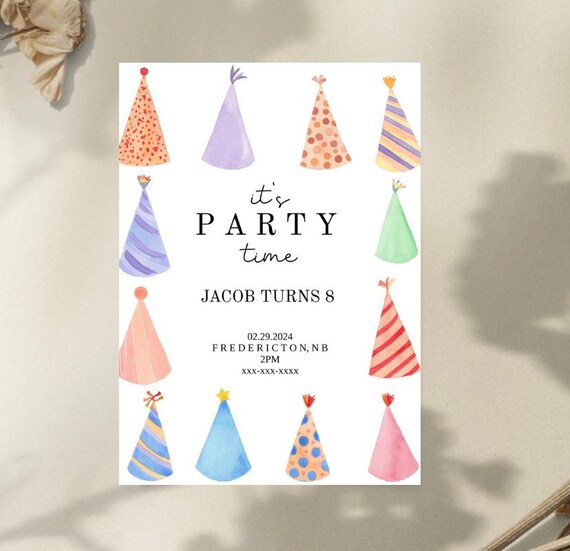 Party Hat Digital Birthday Invitation Birthday Party Editable - Etsy