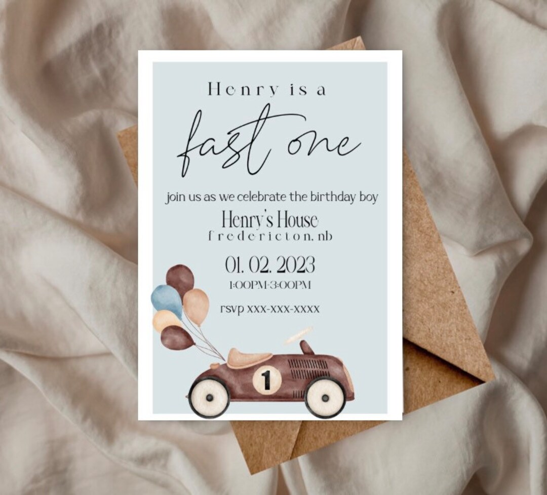 One Fast Boy, First Birthday Race Car Theme Digital Invite, Digital ...