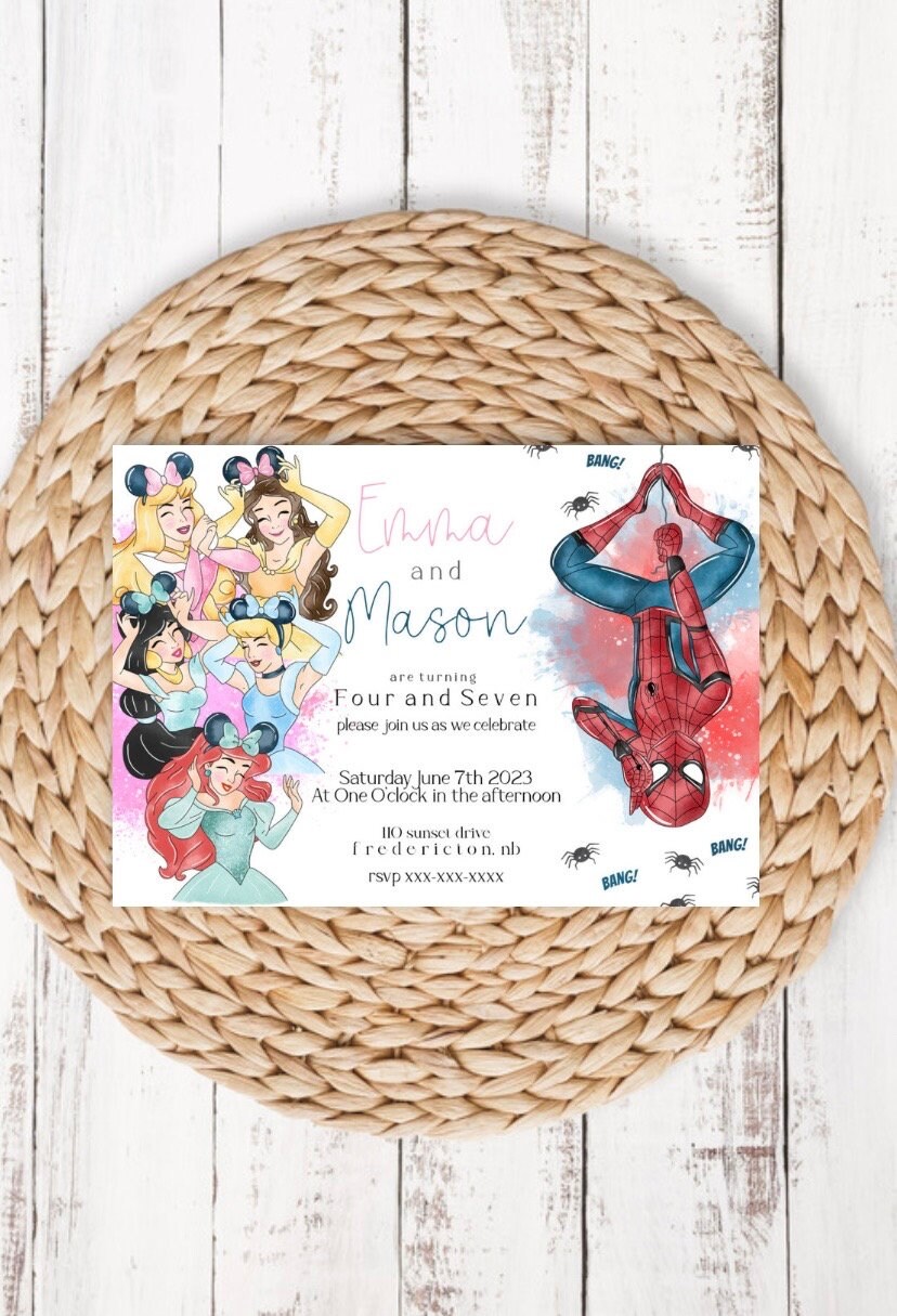 Spiderman and Disney Princess Theme Sibling Invitation, Twin Boy Girl ...