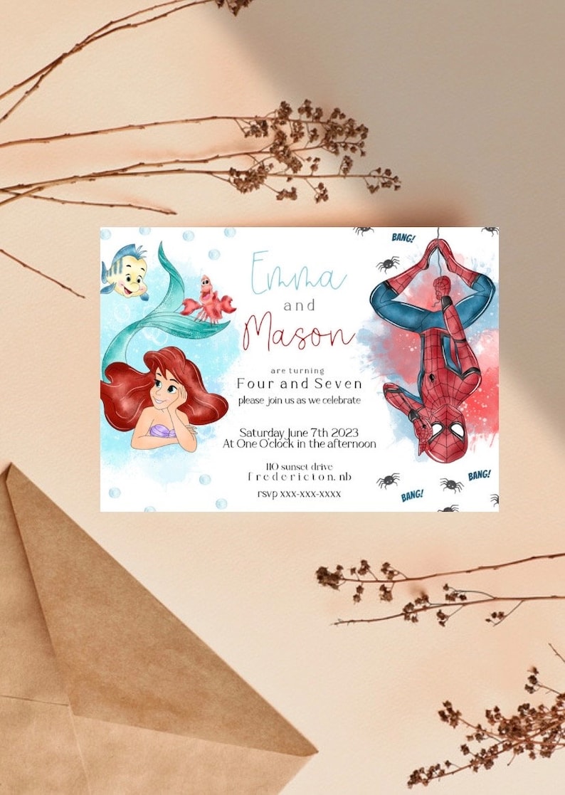 Spiderman and Little Mermaid Theme Sibling Invitation, Twin Boy Girl ...