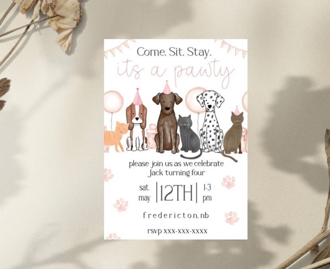 Cat Dog Birthday Party Theme, Birthday Pawty Invitation, Come Sit Play ...