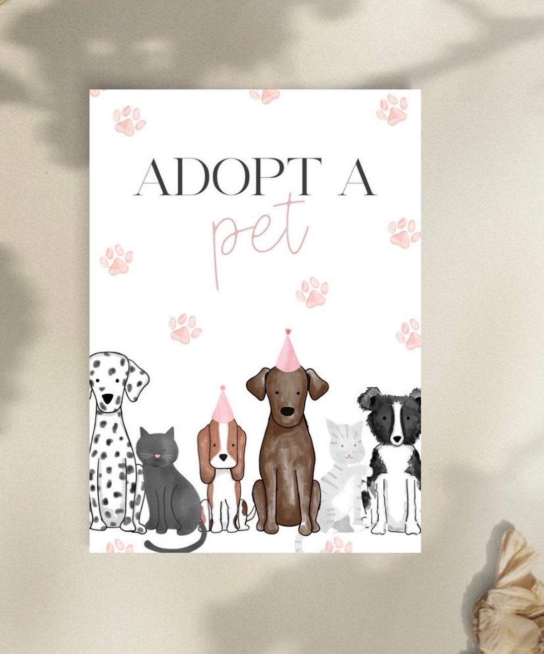 Pink Adopt a Pet Sign, Pawty Theme Birthday, Cat Dog Party Printable ...