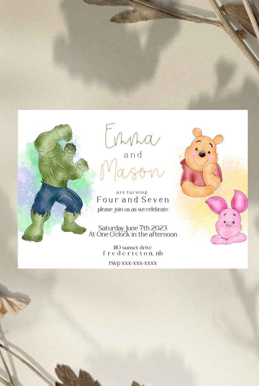 Hulk and Winnie the Pooh Invitation. Marvel and Disney Sibling Invite ...