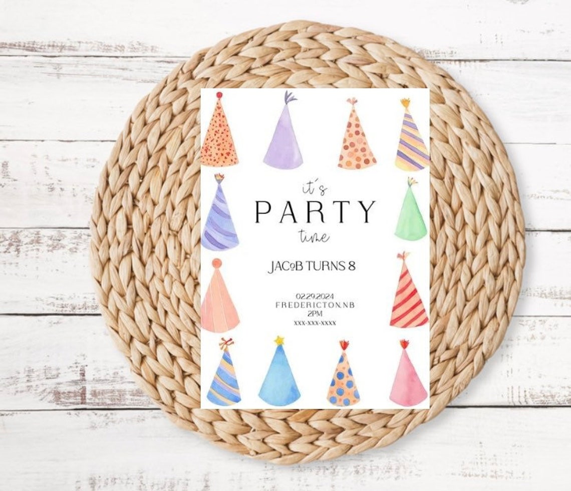 Party Hat Digital Birthday Invitation, Birthday Party Editable and ...
