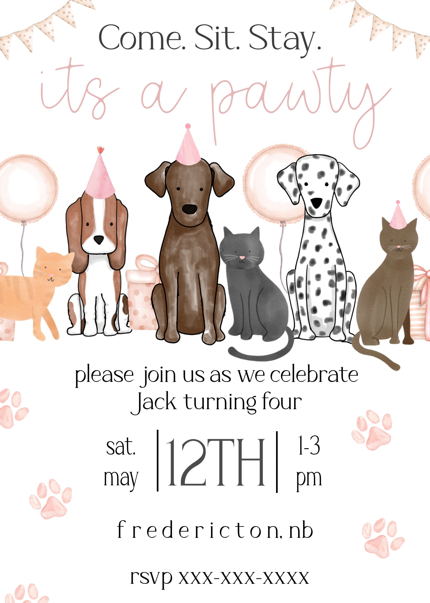 Cat Dog Birthday Party Theme, Birthday Pawty Invitation, Come Sit Play ...