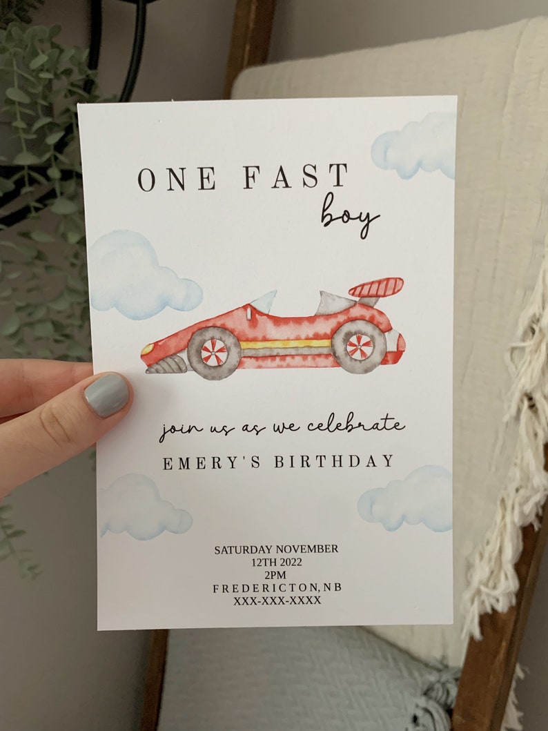 One Fast Boy, First Birthday Race Car Theme Digital Invite, Digital ...